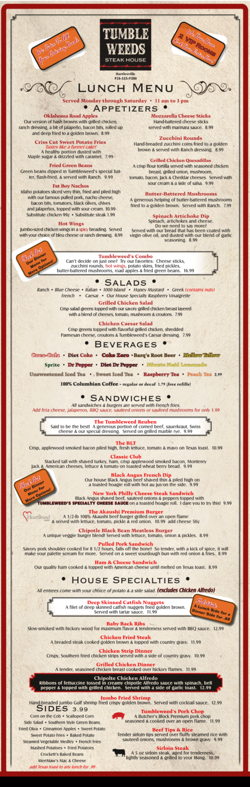 Lunch Menu | Tumbleweed’s Steakhouse