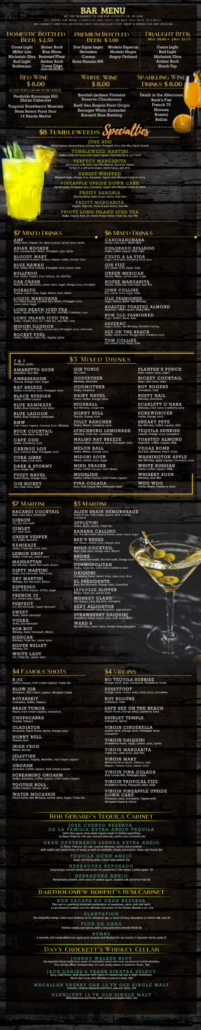 Bar Menu | Tumbleweed’s Steakhouse