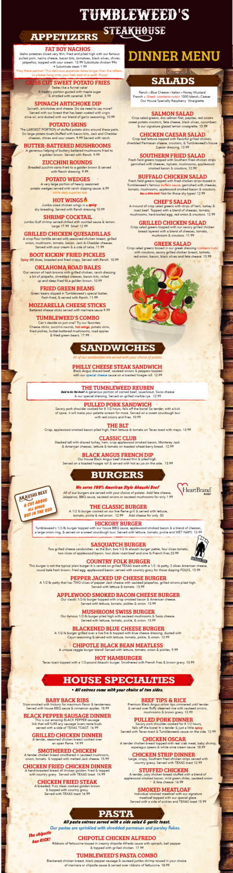 Menu | Tumbleweed’s Steakhouse