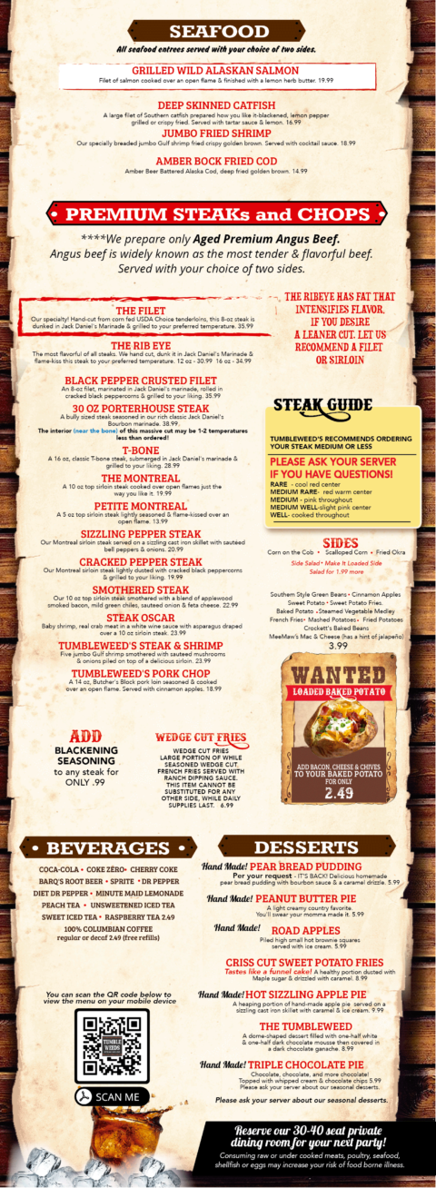 Menu | Tumbleweed’s Steakhouse